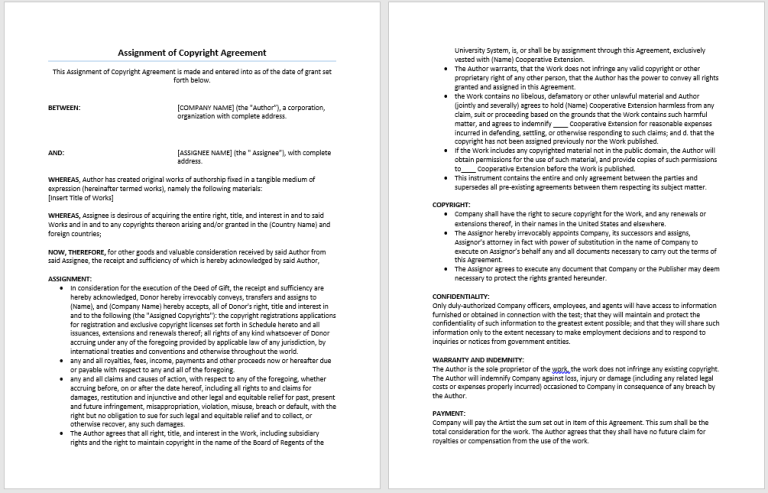 Assignment of Copyright Agreement | Word Templates for Free Download